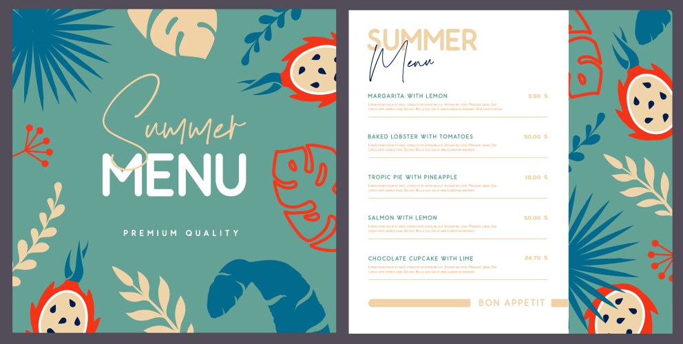 Restaurant summer menu design with tropic leaves Vector Image