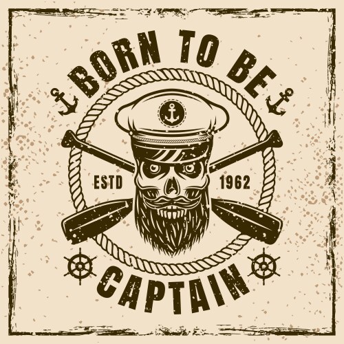Nautical emblems with captain skull in skipper hat