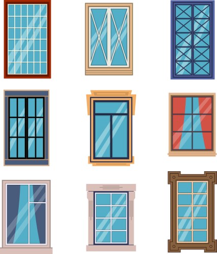 Cartoon windows frames colorful various wooden Vector Image