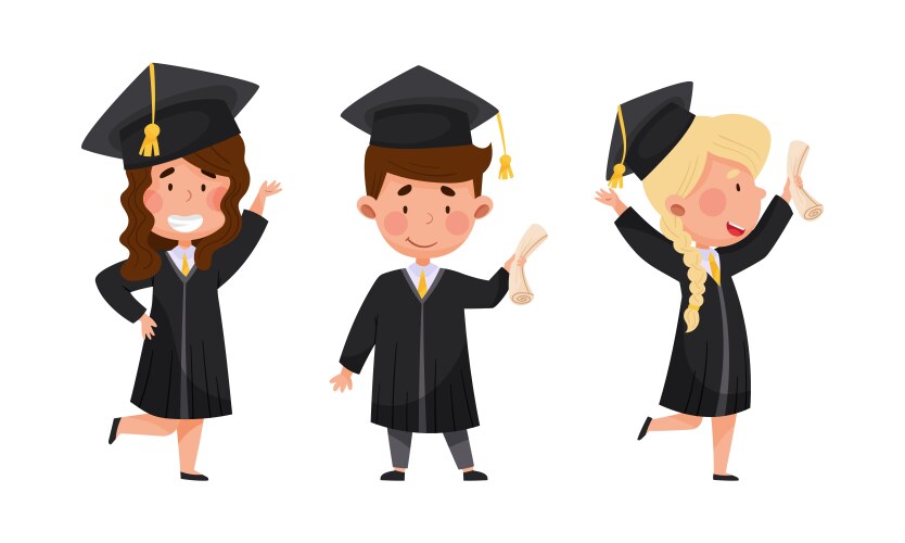 Happy graduates kids cartoon Royalty Free Vector Image