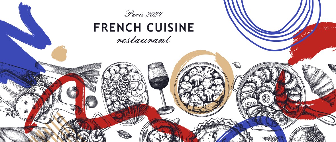 French food background in collage style Royalty Free Vector