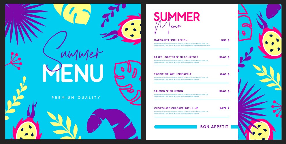 Restaurant summer menu design with tropic leaves Vector Image