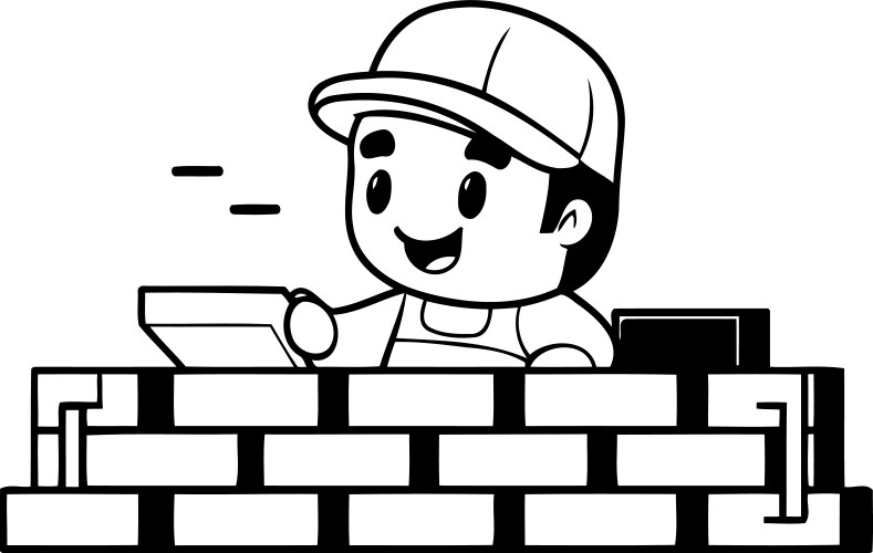 Cartoon construction worker building brick wall Vector Image