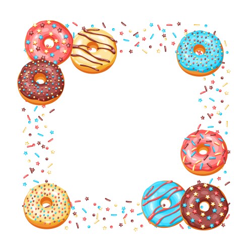 Frame with glaze donuts and sprinkles Royalty Free Vector