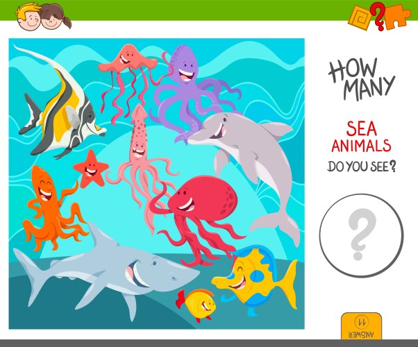 Counting sea animals educational game coloring Vector Image