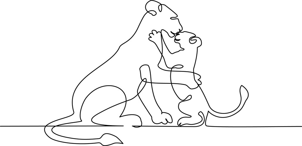 Lioness and Cub - One Line Art Royalty Free Vector Image
