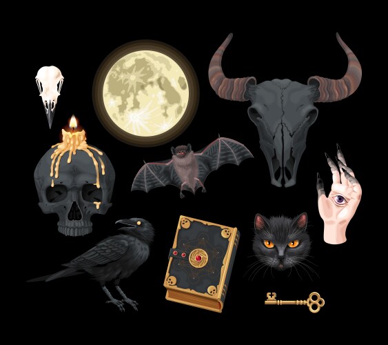 High detailed black magic supplies set Royalty Free Vector