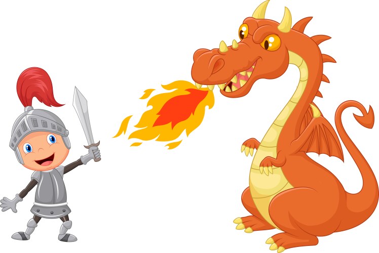 Cartoon knight with fierce dragon Royalty Free Vector Image