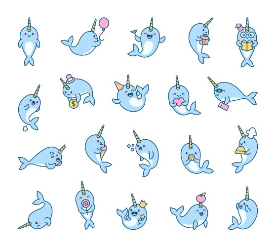 Narwhal character set with cartoon emotions Vector Image