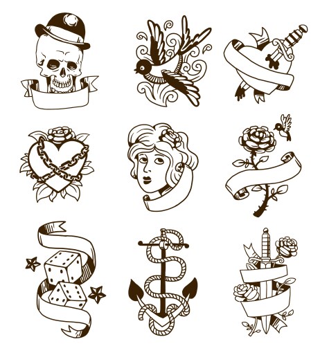 52 hand drawn old school tattoo set Royalty Free Vector