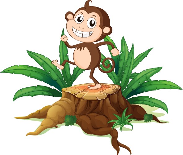 Cartoon happy monkey dancing on tree stump Vector Image