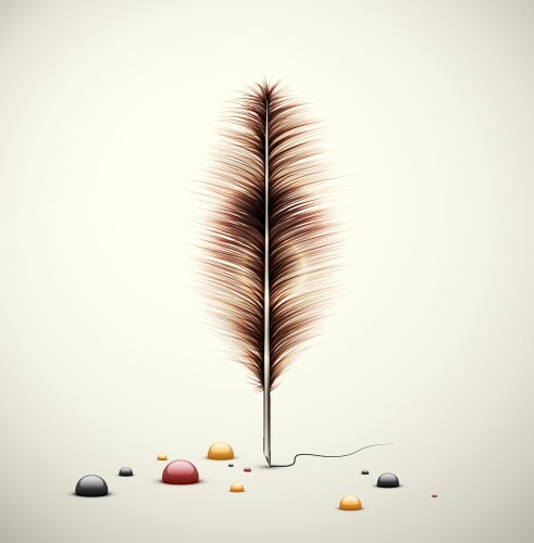 Writing pen multicolored feather with flying birds