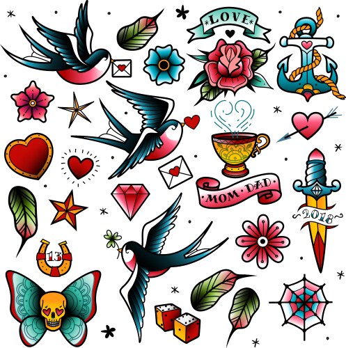 52 hand drawn old school tattoo set Royalty Free Vector