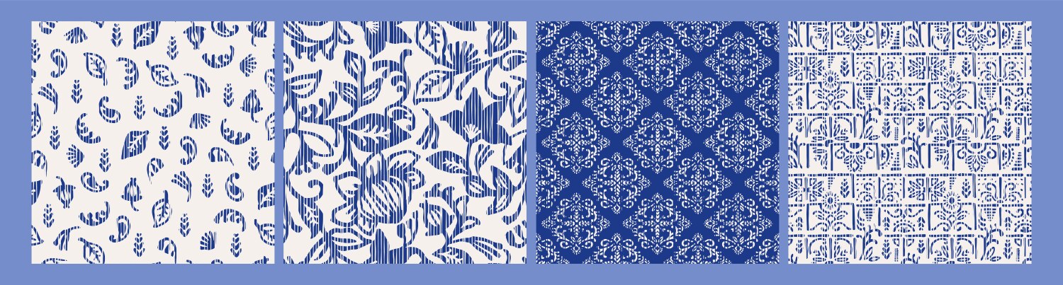 Ethnic blue seamless patterns with plant motifs Vector Image
