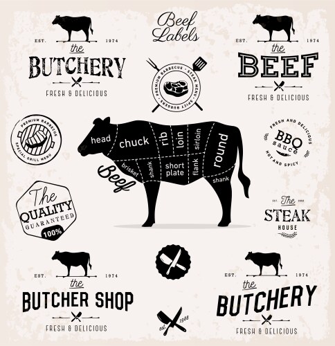Set of butcher shop labels and design elements Vector Image