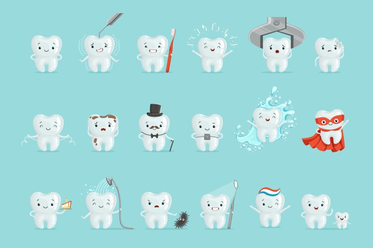 Funny teeth icon set isolated on blue background Vector Image