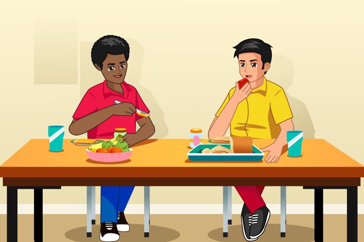 Elementary students eating lunch in cafeteria Vector Image