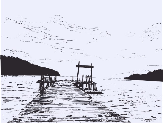 Wonderful sea view pier sketch wooden port Vector Image