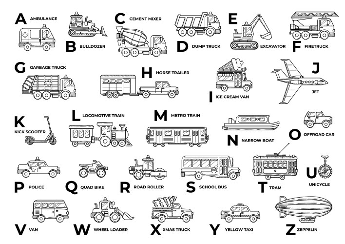 English alphabet car transport abc print cartoon Vector Image