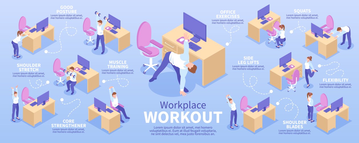 Isometric workplace workout horizontal infographic