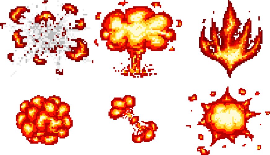Pixel art explosions game icons set comic boom Vector Image