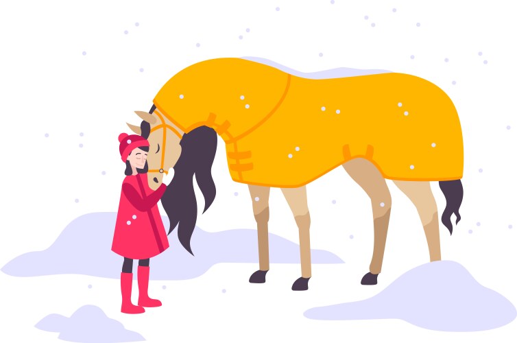 Happy little girl brushing horse cartoon flat Vector Image