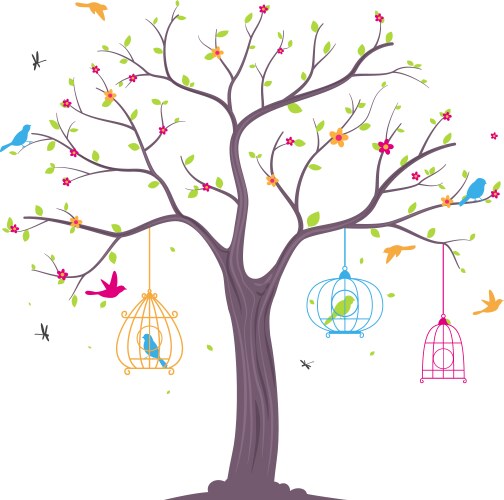 Colorful tree with birds and birdcages Royalty Free Vector