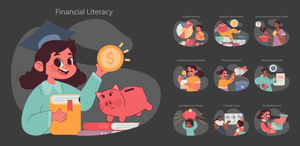 Child financial literacy set flat Royalty Free Vector Image