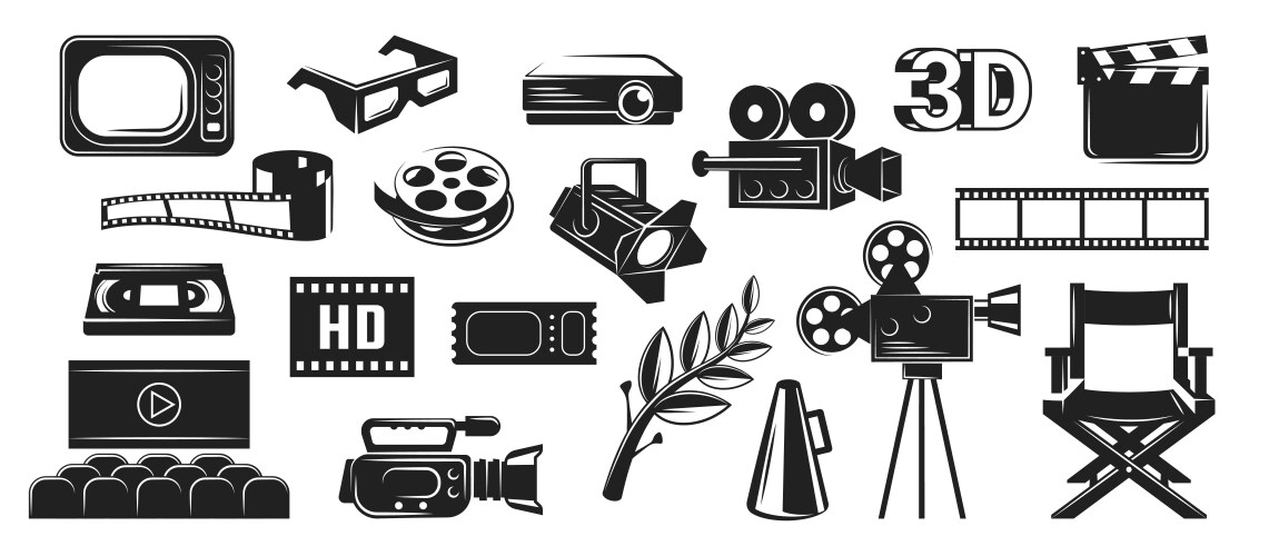 Cinema movie film equipment set icons Royalty Free Vector