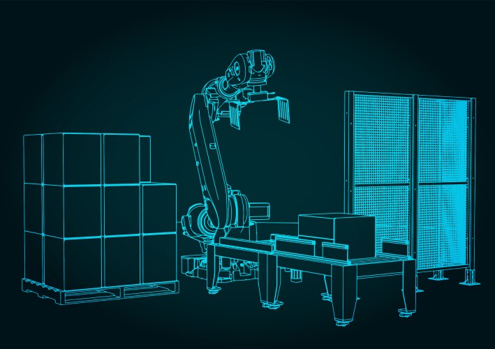 Robotic palletizing line drawings Royalty Free Vector Image
