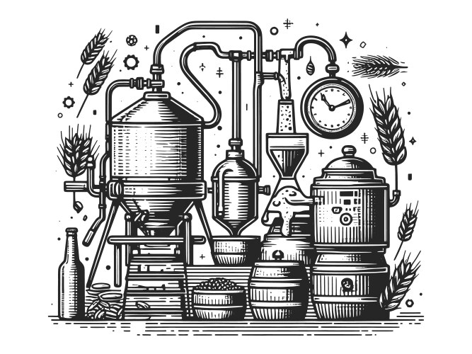 Beer brewing process factory sketch Royalty Free Vector