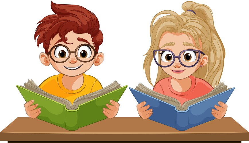 Four frames featuring children reading with stars Vector Image