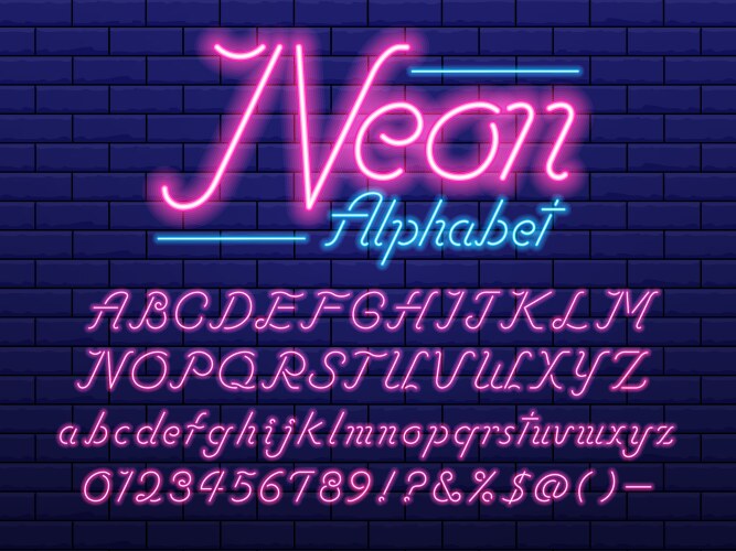 Glowing neon script alphabet font Royalty Free Vector Image