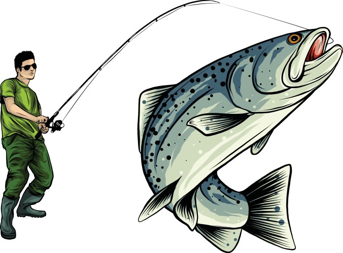 Fisherman catches fish in black background Vector Image