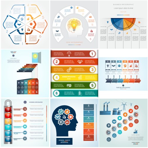 Set of 9 flat minimal infographics Royalty Free Vector Image