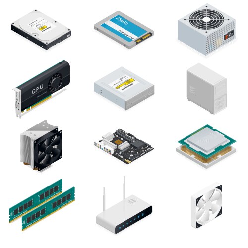 Computer parts isometric set isolated on white Vector Image