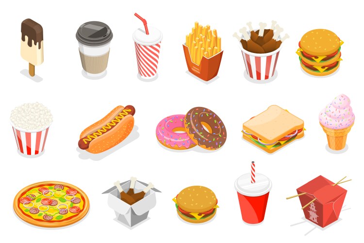 Isometric fast food elements set Royalty Free Vector Image