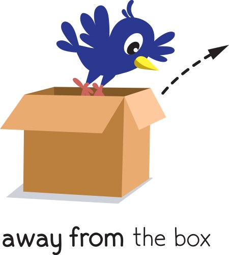 Preposition movement bird and box Royalty Free Vector Image