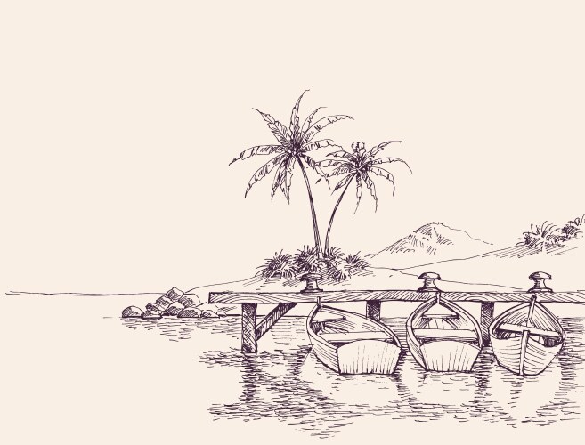 Harbor drawing small buildings and boats on shore Vector Image