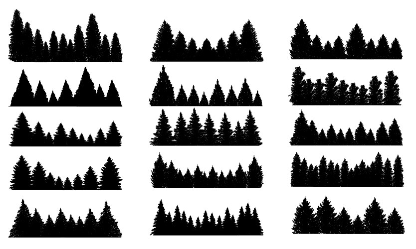 Tree line up silhouette set collection Royalty Free Vector