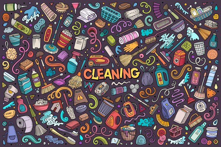 Colorful doodle cartoon set cleaning Royalty Free Vector