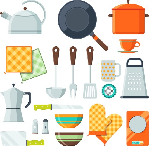 Cartoon kitchen utensil collection spoon pot food Vector Image