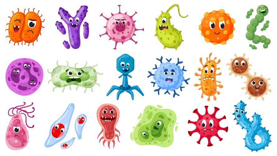 Set cartoon style angry germs viruses Royalty Free Vector