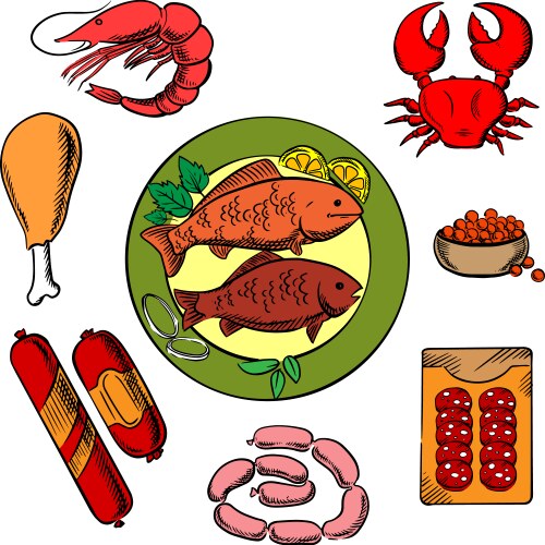 Cartoon seafood dishes lobster crab baked fish Vector Image