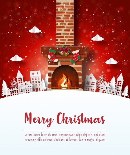 Postcard with christmas fireplace burning Vector Image