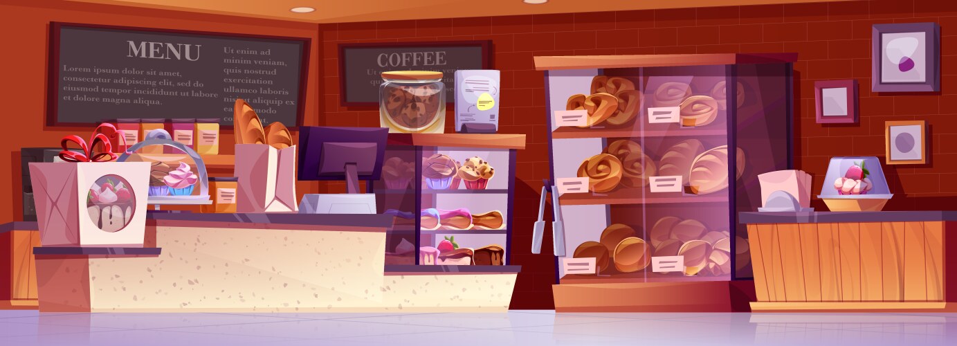 Bakery shop interior with counter cartoon Vector Image