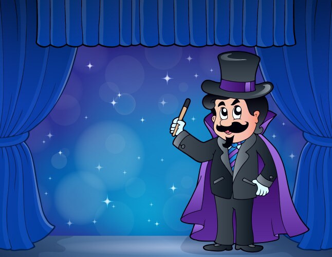 Cartoon magician on circus stage Royalty Free Vector Image