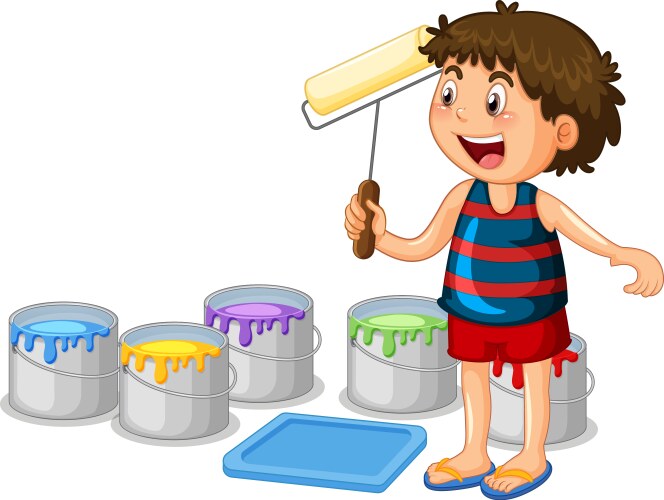 Little boy cartoon is painting with paintbrush Vector Image