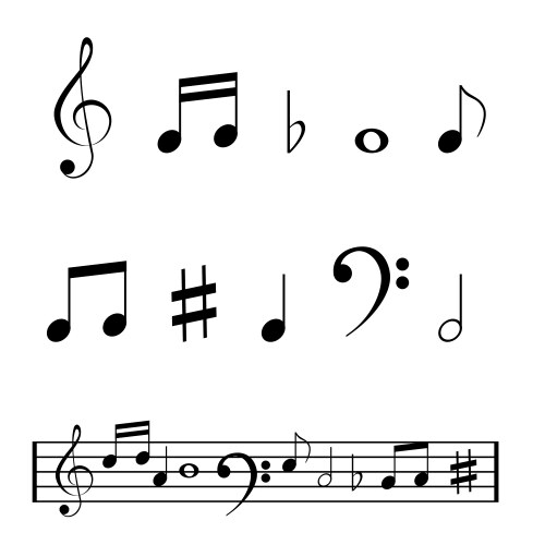 Music notes icon set and musical key Royalty Free Vector