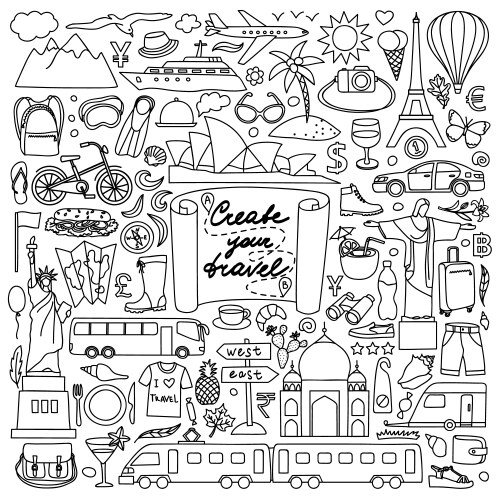 Travel doodle set pencil drawings Royalty Free Vector Image